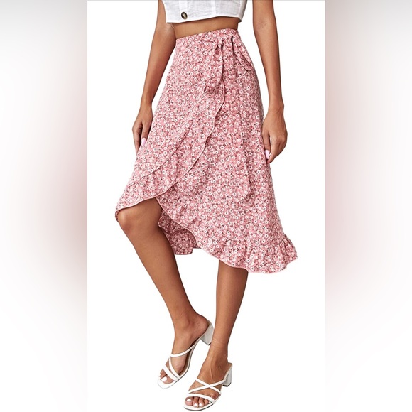 SHEIN | Skirts | Coral Pink Floral Ruffle High Waisted Slit Wrap Skirt ...
